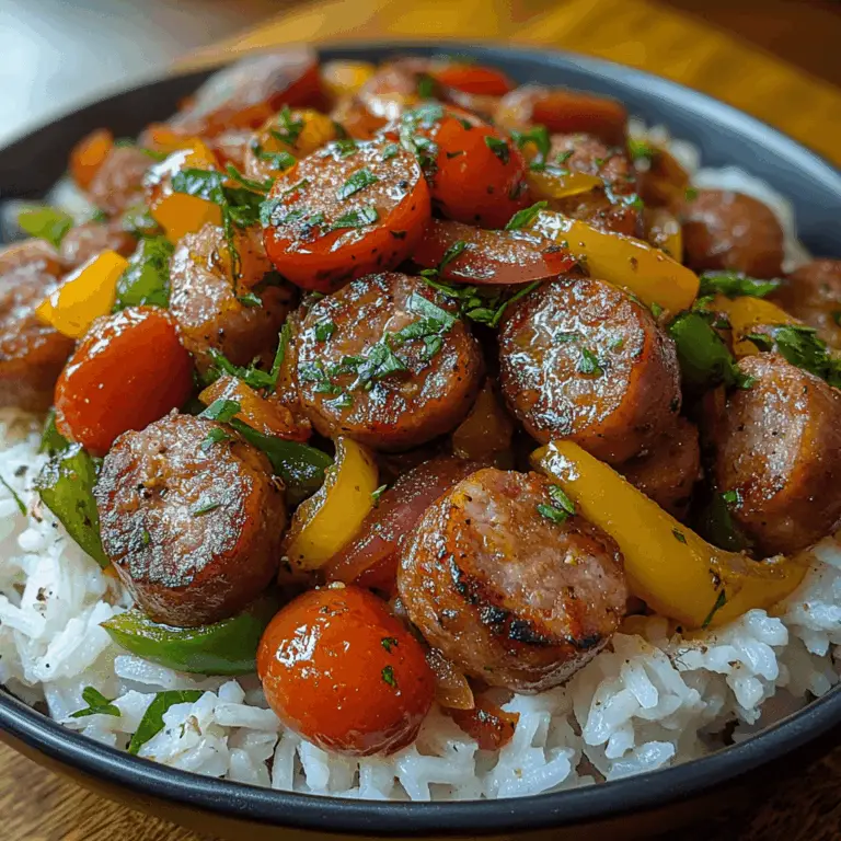 Savory & Simple Sausage, Onion, Bell Peppers & Tomatoes over Rice ...
