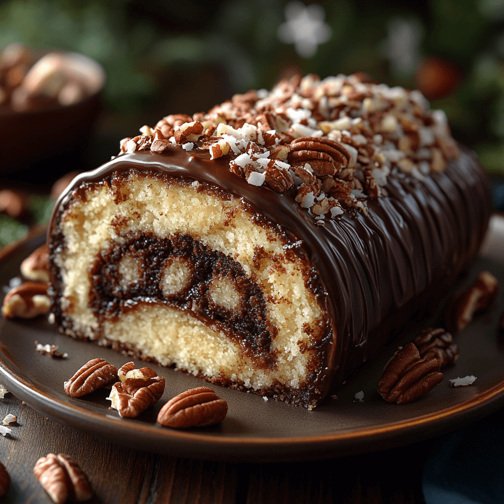 Decadent German Chocolate Coconut Pecan Roll Cake Recipe