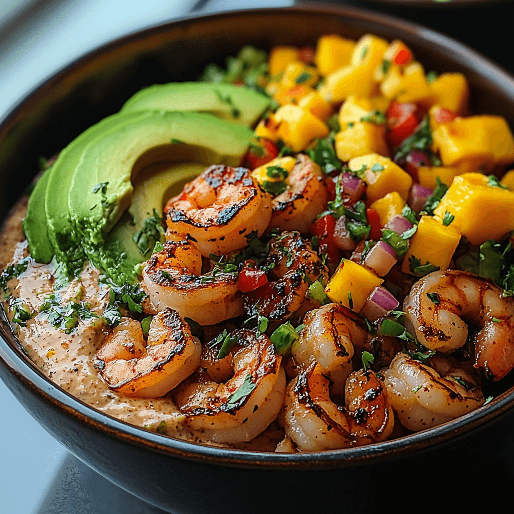 Shrimp and Avocado Bowls with Mango Salsa & Sauce